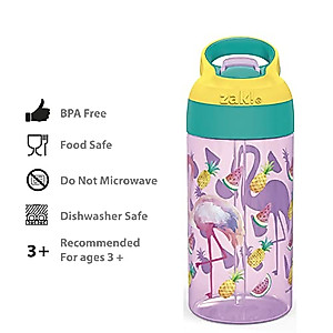 Zak Designs 16oz Riverside Desert Life Kids Water Bottle with Straw and Built in Carrying Loop Made of Durable Plastic, Leak-Proof Design for Travel, Cactus-Flamingo Pineapple, 2PK Set