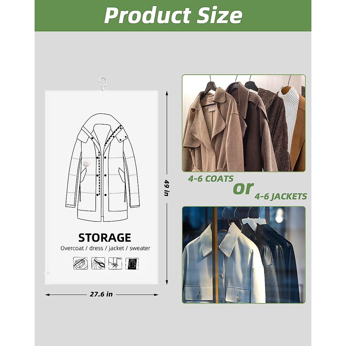 Colemoly Hanging Vacuum Storage Bags Space Saver Bags 4 Pack with 1 Electric Air Pump (49x27.6 Inches) Vacuum Seal Bags for Clothing Vacuum Bags for Travel Moving Supplies