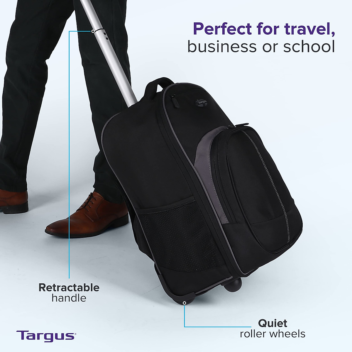Targus Compact Rolling Backpack for Business, College Student and Travel Commuter Wheeled Bag, Durable Material, Tablet Pocket, Removable Laptop Protective Sleeve for 16-Inch Laptop, Black (TSB750US)