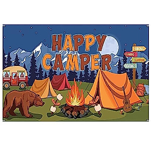 LLMSIX Camping Background, 5×3FT Happy Camper Banner Cartoon Forest Animal Campfire Background Camping Photo Backdrop Camping Themed Party Decoration Children Birthday Party Photo Props