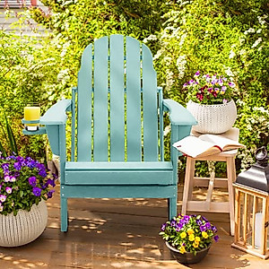 MELLCOM Folding Adirondack Chair with Cup Holder, All-Weather HDPE Fire Pit Chairs, 5 Steps Easy Installation, Widely Used in Patio, Pool Side, Deck, Backyard, Garden, Aruba Blue…