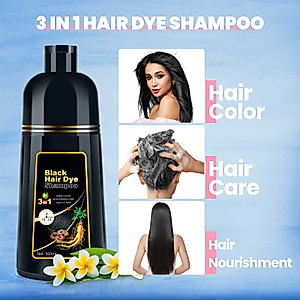 JUANCHI Hair Dye Shampoo 3 in 1 for Gray Hair, Herbal Ingredients Shampoo Hair Dye for Women Men, Grey Coverage Shampoo 500ml (Black)