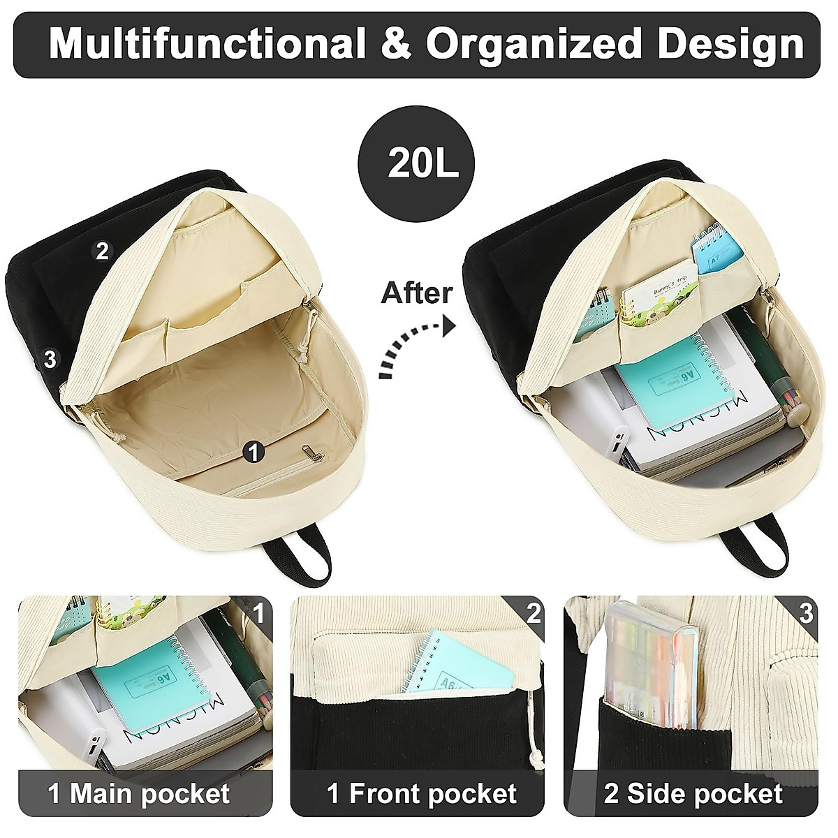 School Backpack for Teens Large Corduroy Bookbag Lightweight 17 inch Laptop Bag for Girls Boys Casual High School College