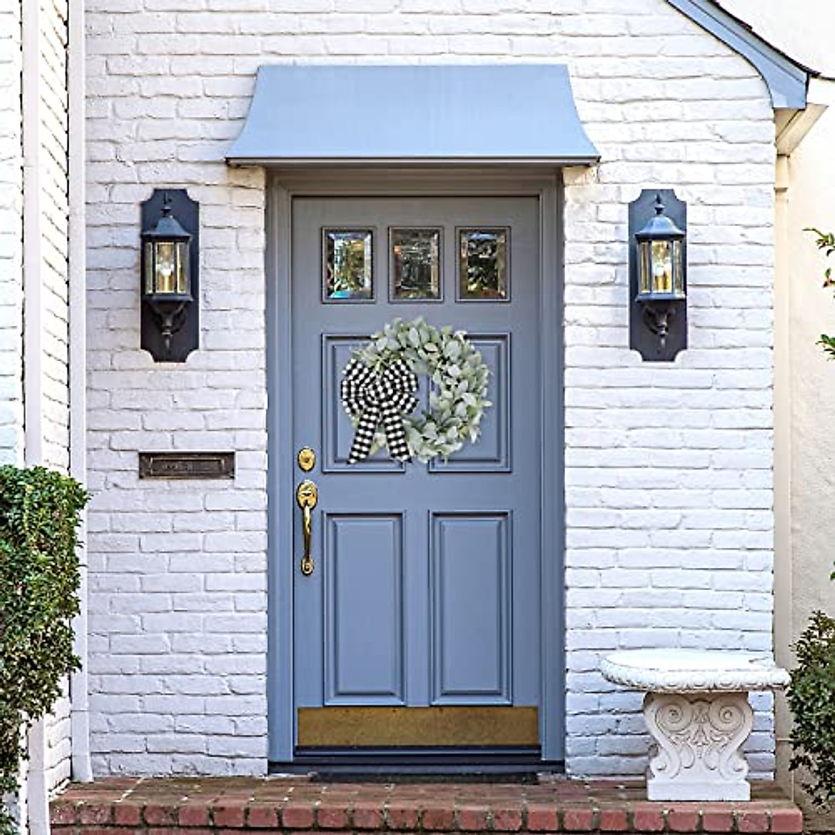 CEWOR 22 Inch Fall Wreath Flocked Lambs Ear Wreaths for Front Door Spring Summer Greenery Wreath for Wall Window with Two Bows (Burlap & Buffalo Plaid Bow)