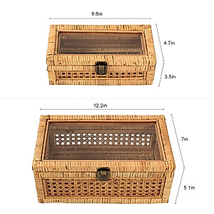 HUAXIN CRAFT H Rattan Decorative Box with Lid, Rectangular Woven with Glass for Display, Set of 2 Wicker for Decor