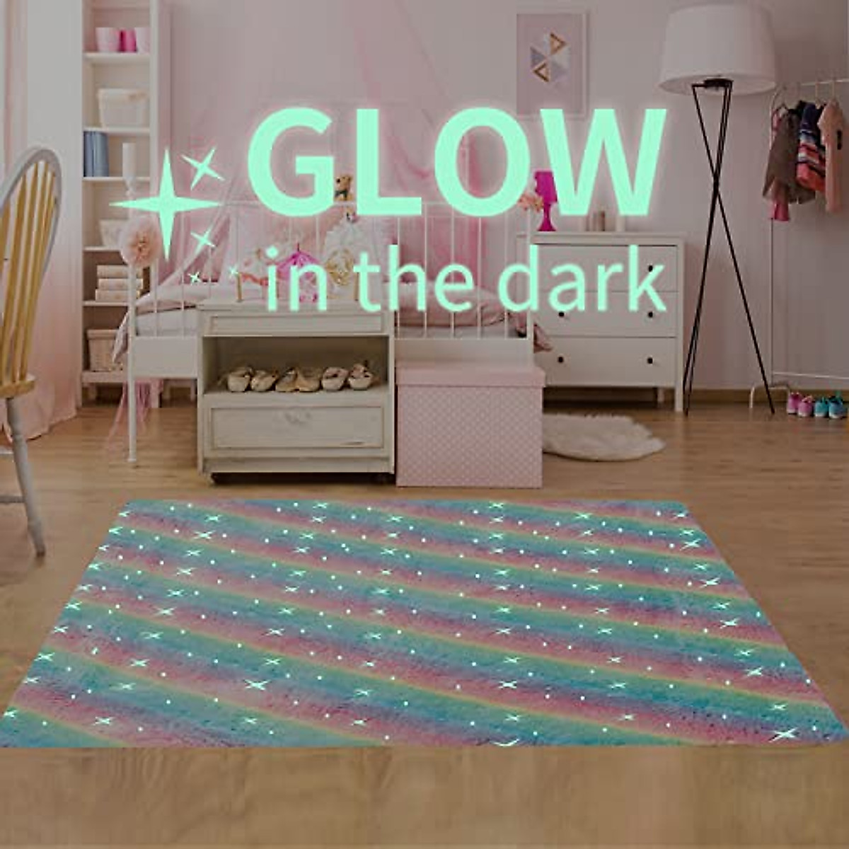 Rainbow Night & Twinkle Pattern Glow in The Dark Area Rug Area Rug for Living Room Bedroom Playing Room Size 5'x6'