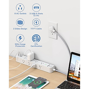 Power Strip Surge Protector with USB Ports and 8 Widely Outlets, 5Ft Extension Cord with Flat Plug, 3 Sided Wall Outlets Extender USB Desktop Charging Station for Home Office Travel, 900J, ETL