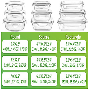HOMBERKING Glass Food Storage Containers with Lids, [18 Piece] Glass Meal Prep Containers, Airtight Glass Lunch Bento Boxes, BPA-Free & Leak Proof (9 lids & 9 Containers) - Grey