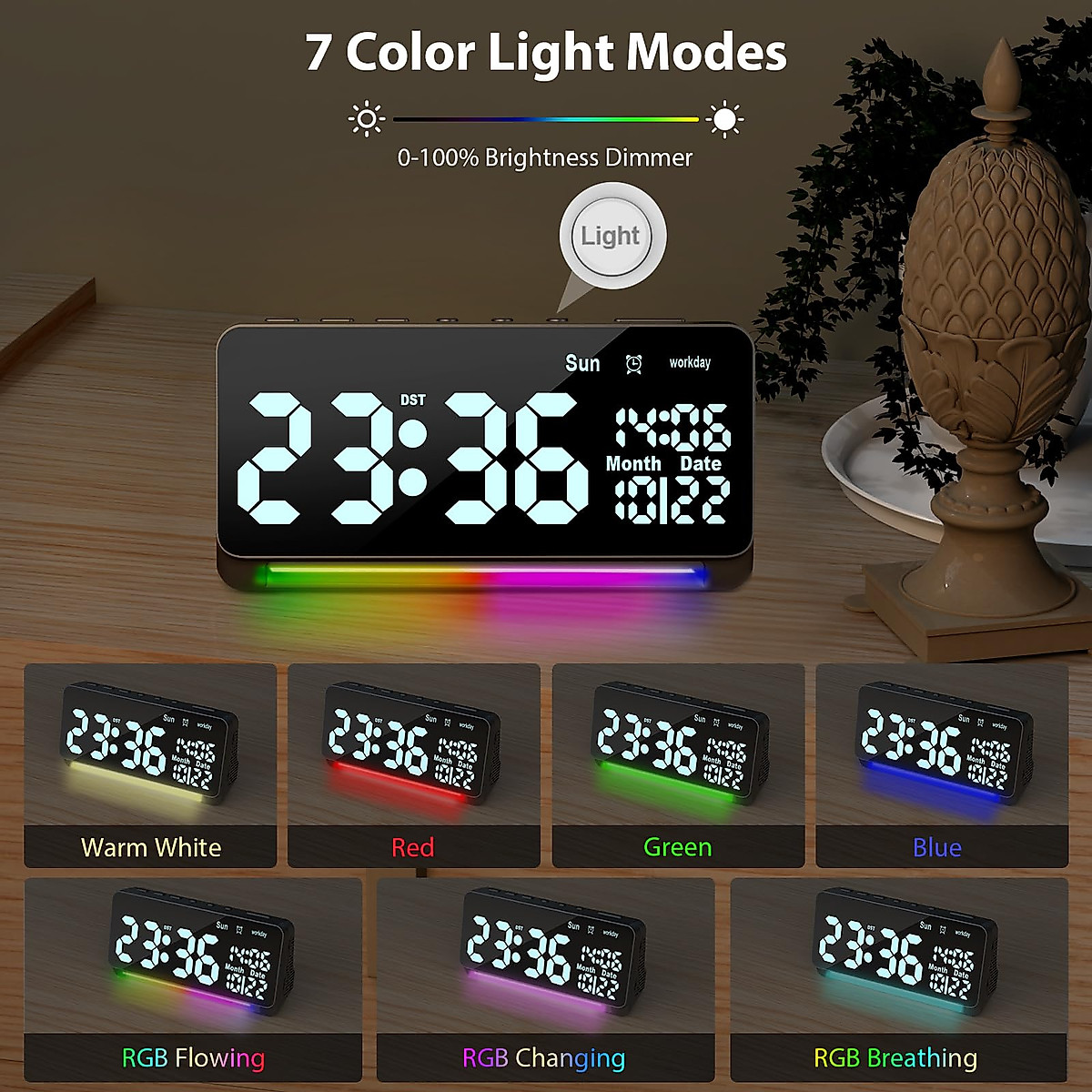 120db Super Loud Alarm Clocks for Heavy Sleepers adults , 15 Wake Up Sounds Alarm Clock for Heavy sleepers , 7 Color Night Light, Dynamic RGB Color , 0-100% Dimmer, Snooze, DST , Large LED Display