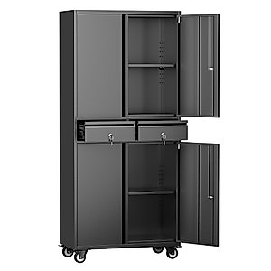 GLADIW Garage Storage Cabinet with Wheels, Metal Garage Storage Cabinet with 2 Drawers and 2 Adjustable Shelves for Homes, Offices, Kitchens, Schools and Pantries
