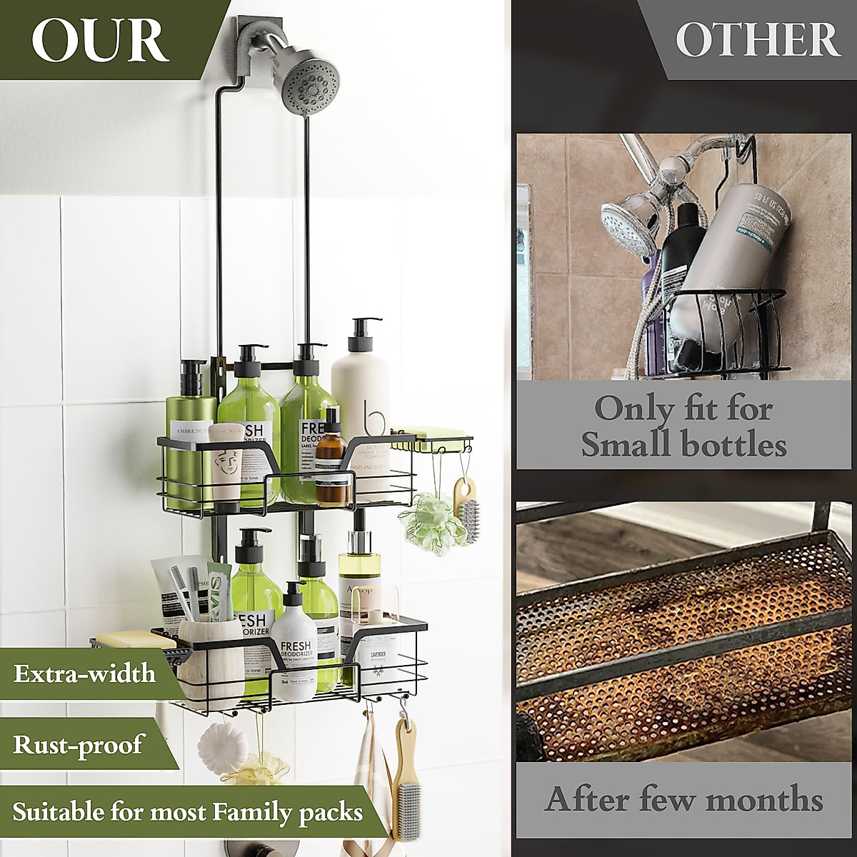 Skyapex Hanging Shower Caddy Over Showerhead, Extended Long Adjustable Bathroom Shower Organizer Hanging with 2 Soap Holders and 12 Hooks, Rustproof Large Capacity Shower Rack, Stainless Steel, Black