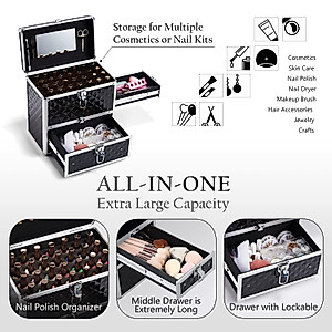 Frenessa Nail Polish Makeup Train Case with Drawer and Dividers Manicure Organizer Accessory Storage Makeup Box With Mirror Lockable Keys Nail Kit Organizer Cosmetic Case Jewelry Box - Black