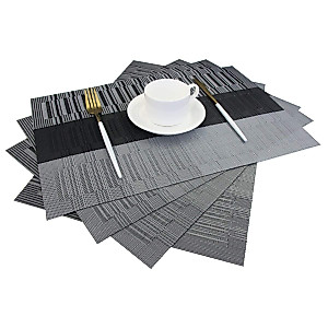 V-Shine Placemats for Dining Table Set of 4 Washable Woven Placemat Non-Slip Kitchen Waterproof Table Place Mats - Grey&Black