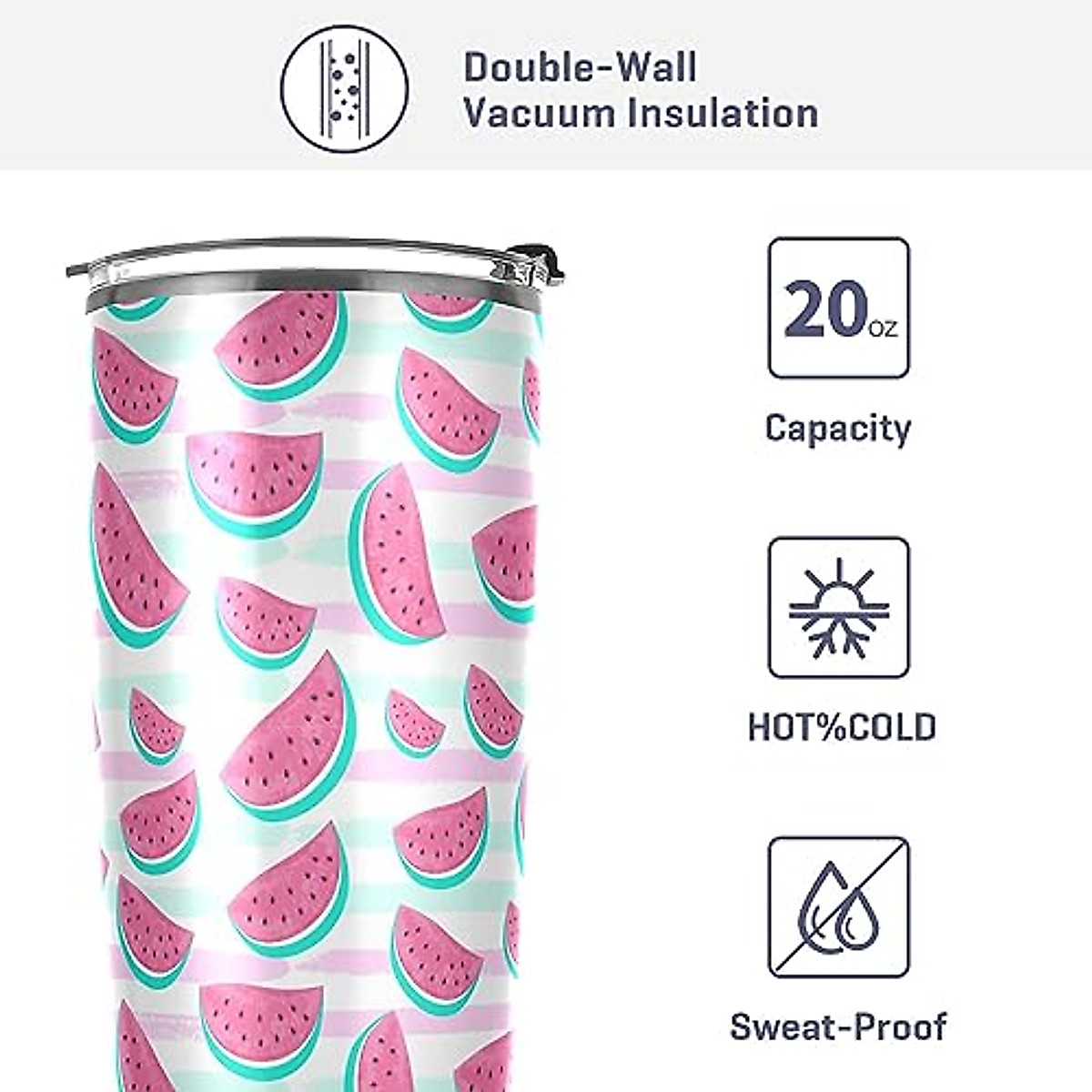 Jihqo Watercolor Striped Watermelon Tumbler with Lid and Straw, Insulated Stainless Steel Tumbler Cup, Double Walled Travel Coffee Mug Thermal Vacuum Cups for Hot & Cold Drinks 12oz