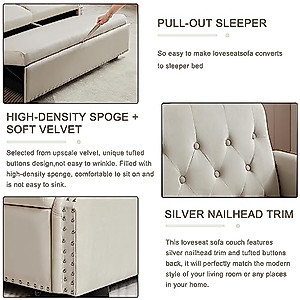 55" Convertible Loveseat Sofa Couch with Pull-Out Sleeper, 3-in-1 Modern Love seat Couch Bed with Adjustable Backrest and 2 Pillows,Velvet 2 Seater Couch Bed for Small Spaces Living Room(Beige)