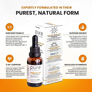 Pure Therapro Rx Vegan D3 + K2 Organic Full Spectrum Liquid for Maximum Absorption, Vitamin D3 and Vitamin K2 Supplements for Men and Women, D3 Vitamin 5000 IU, Liquid Vitamin D3 with K2-0.5 FL Oz