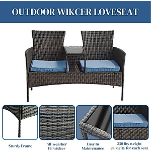 TINKLE WELL Wicker Outdoor Loveseat Modern Rattan 2-Seat Patio Conversation Set with Cushions & Built-in Coffee Table Porch Furniture for Garden Lawn Backyard, Brown