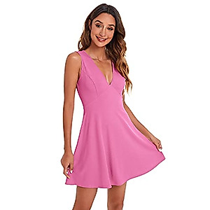 Verdusa Women's Deep V Neck Sleeveless Ribbed A Line Short Skater Dress Hot Pink S