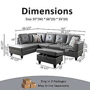 97" W Sectional Couches for Living Room, Sectional Sofas for Living Room, Modular Sectional Sofa with Storage Ottoman, L Shaped Couch, Faux Leather Couch for Living Room Furniture Sets, Dark Grey