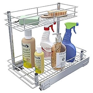 HANKEY Pull-Out Home organizers,Under Sink 2 Tier Pull Out Cabinet Organizer for Kitchen/Bathroom Organizers and Storage- 10.47W x 16.93D x 14.56H，Heavy Duty Metal