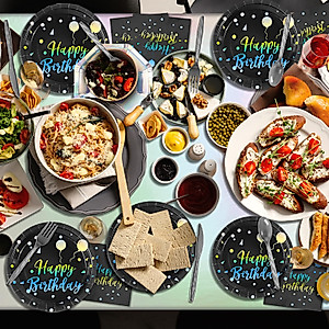 Happy Birthday Plates and Napkins Set Serve 25, Black and Iridescent Birthday Party Supplies, Disposable Paper Plates Napkins Cups, Birthday Tableware for Glitter Birthday Party Decorations