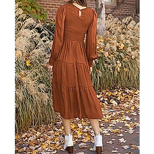 Tobrief Fall Dresses for Women Casual Smocked Beach Long Sleeve Midi Long Dress Rust L