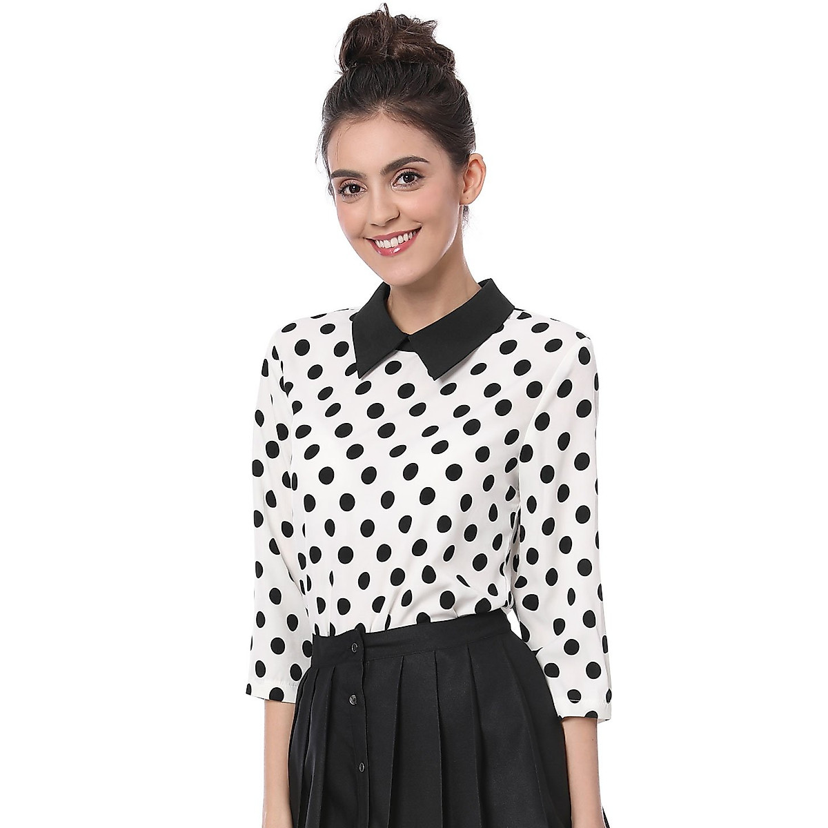 Allegra K Women's Polka Dots Contrast Peter Pan Collar Top 3/4 Sleeves Blouse Shirt X-Small White