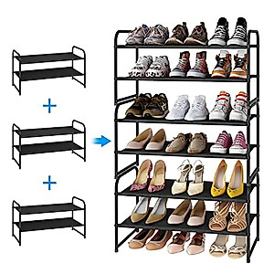 Simple Trending 2 Pack 2-Tier Stackable Shoe Rack, Expandable & Adjustable Fabric Shoe Shelf Storage Organizer, Black