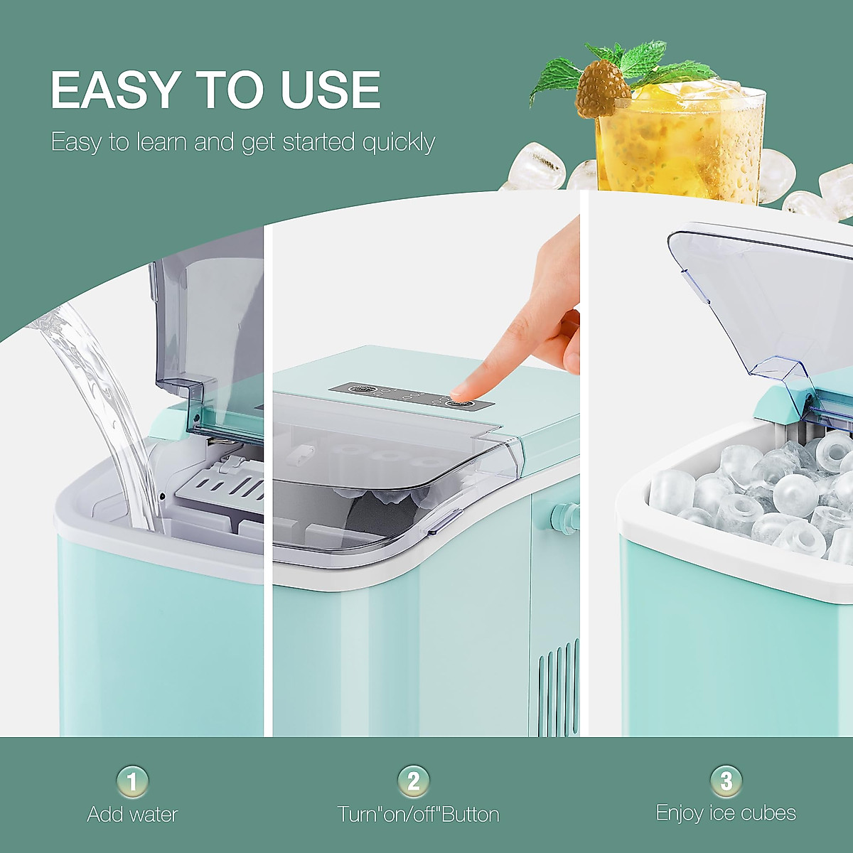 SMUG Countertop Ice Maker, 9 Cubes in 6 Mins, 26lbs in 24Hrs, 2 Sizes of Bullet Ice, Auto-Cleaning, Portable Ice Machine with Handle, Basket and Scoop for Home Kitchen, Party and Camping (Green)