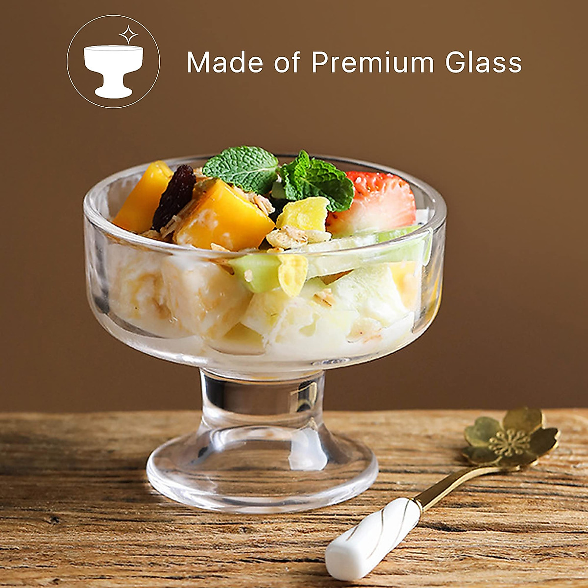 Akamino 6 Pack Glass Dessert Bowls with 3 Pack Flower Spoons, 6.5 oz Ice Cream Bowls Mini Trifle Bowl, Crystal Glass Bowls for Sundae,Fruit,Salad, Pudding, Nuts,Snack