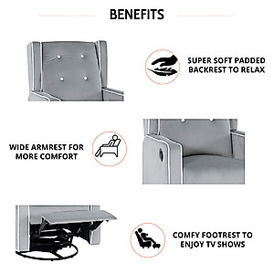 Bond with Your Baby, Relax in Style with Odelia 360° Swivel Glider Rocker Recliner, Nursery Chair with Manual Puller, Plush Cushioning, Soothing Rocking Motion with Microfiber Fabric - Light Gray