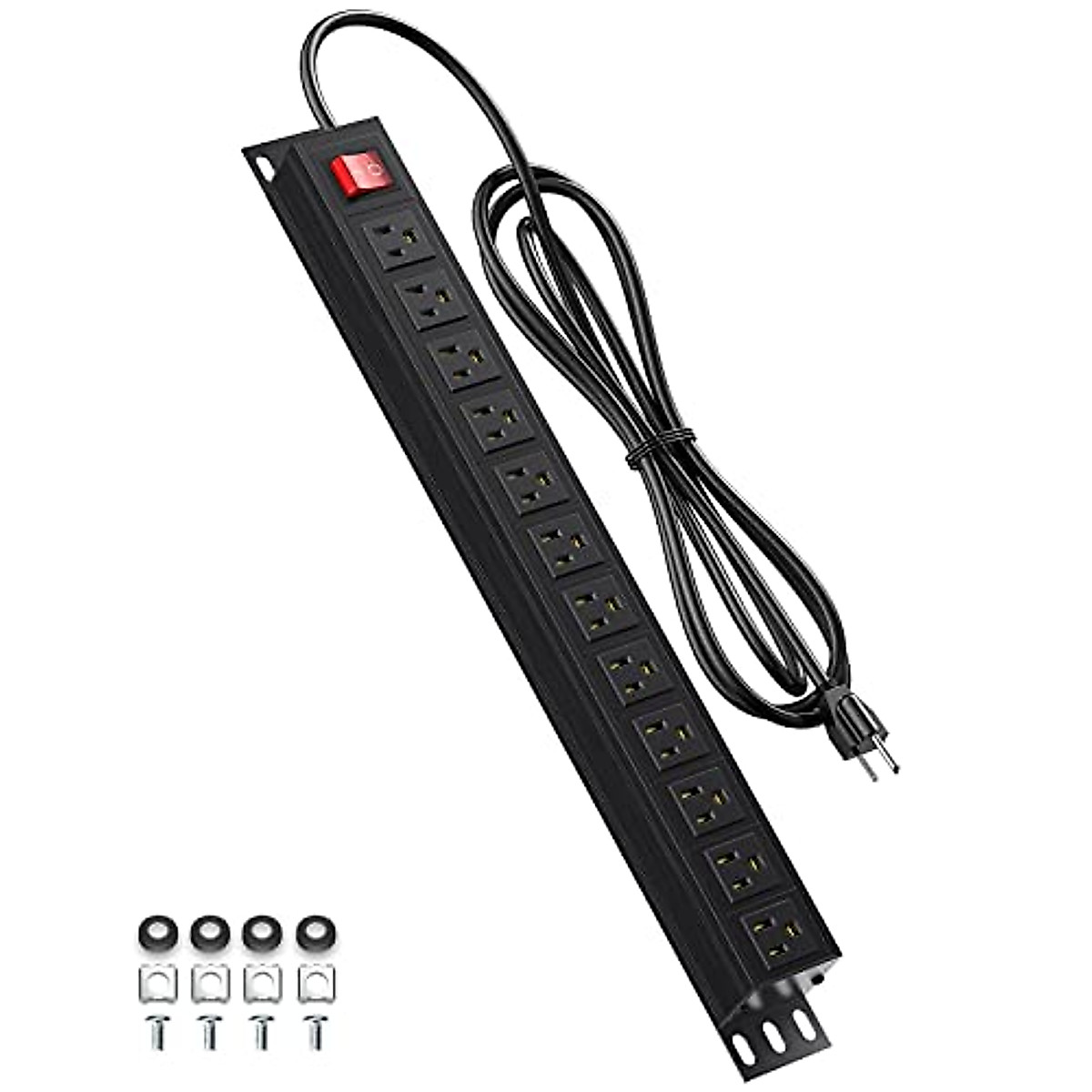 12 Outlet Metal Power Strip, 19inch Rack Mount Heavy Duty Power Strip for Network Cabinet Garage Workbench, 6ft SJT 16AWG Power Cord, Black