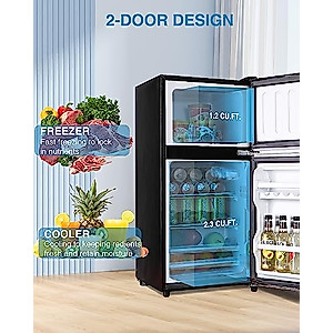 Kazigak Compact Refrigerator Double Door Mini Fridge with Freezer, 3.5 CU FT Mini Refrigerator with 7 Level Adjustable Thermostat for Office, Dorm, Apartment, Black