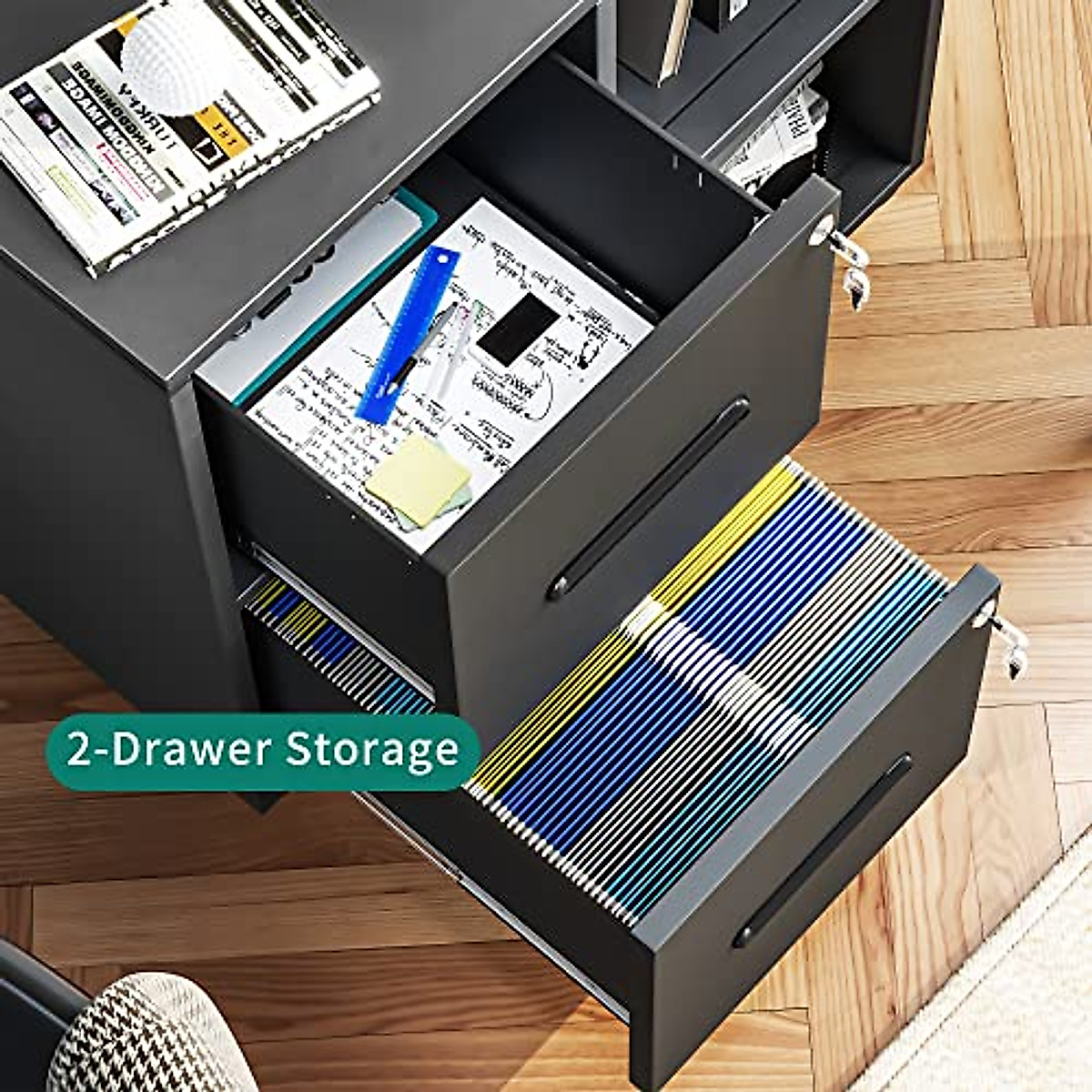 YITAHOME 2-Drawer Filing Cabinet, Thickened Steel Mobile Lateral Filing Cabinet On Wheels for A4/Letter Size, Printer Stand with Open Storage Shelves for Home Office