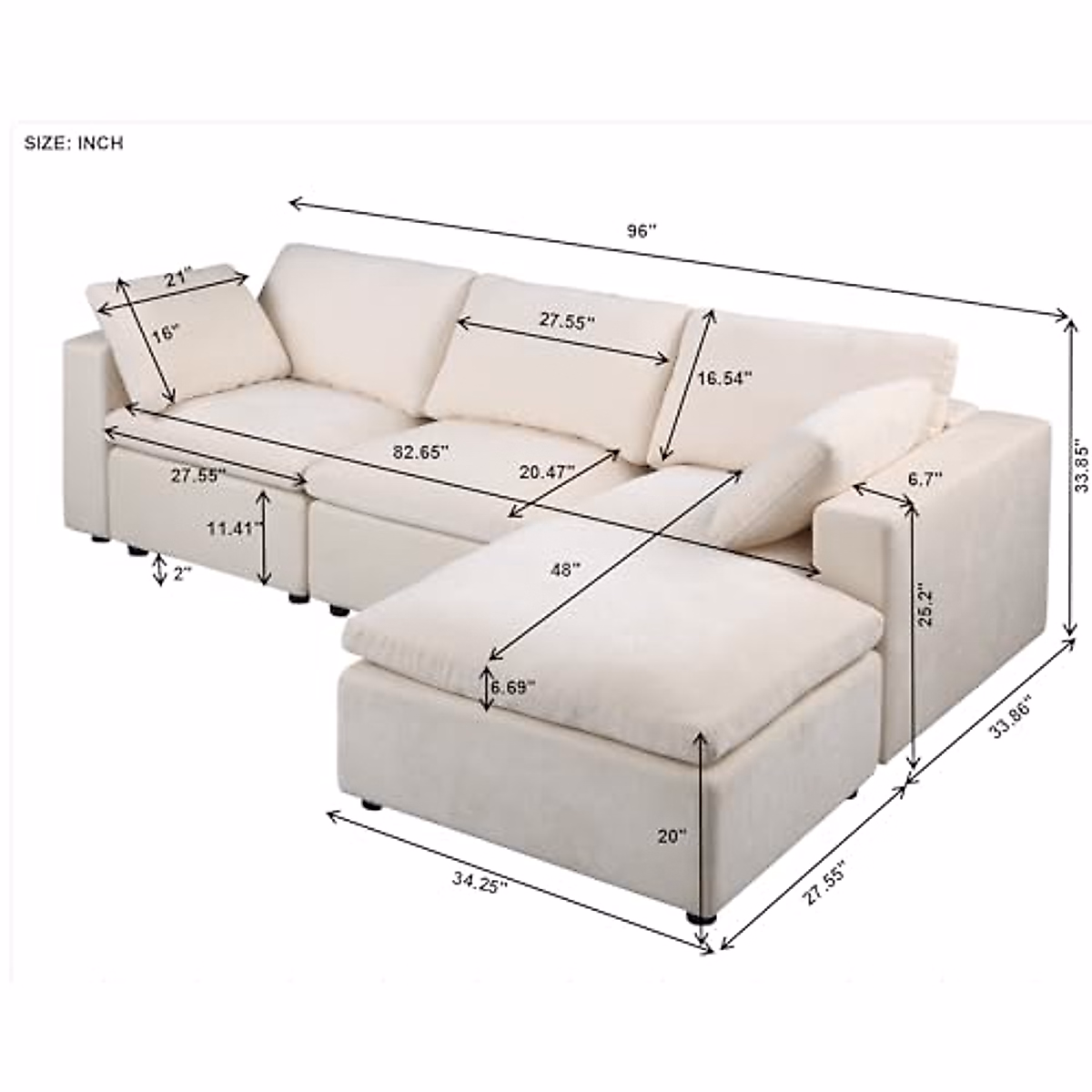 L-Shaped Modular Sectional Sofa Convertible Deep Seat Reversible Chaises Sofa&Couch, Chenille Upholstered Cloud Couch Full Foam Cushions Sofá with Movable Ottomans for Home, Apartment Living Room