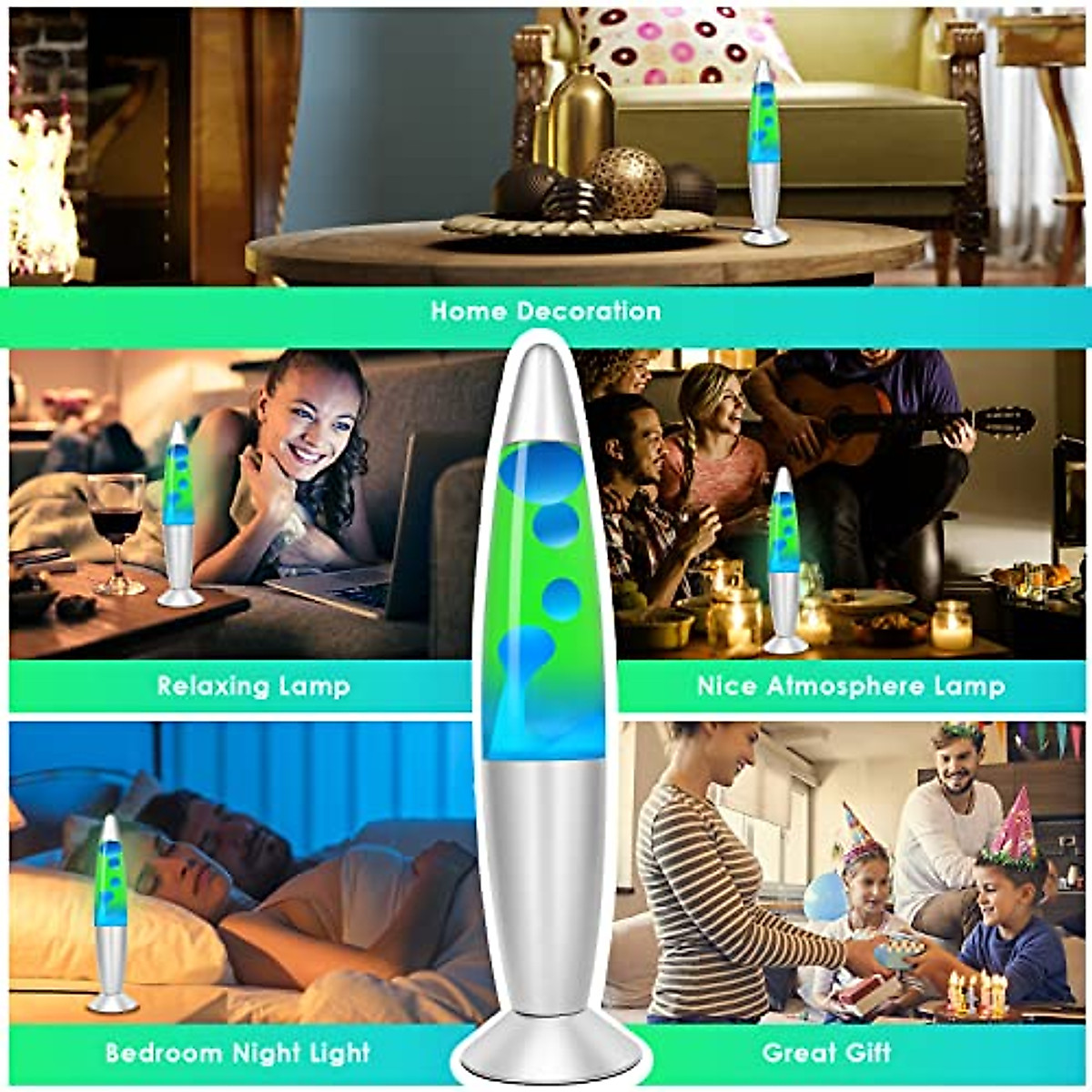 Lazzgan 13.8" Inch Motion Lamp, Beautiful Liquid Night Lights with Blue Wax in Green Liquid for Home, Office, Bedroom Decor, Mood Night Lamps for Sleep Relax Gifts for Kids Teens Adults