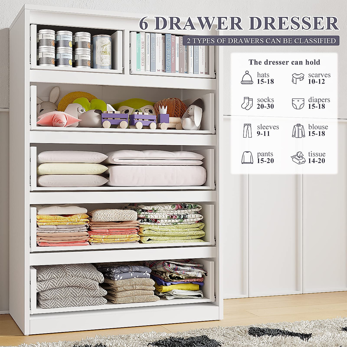 EnHomee Dresser, Dresser for Bedroom, White Dresser with 6 Wood Large Drawers, Dressers & Chests of Drawers with Large Organizer, Tall dresser with Smooth Metal Rail, White