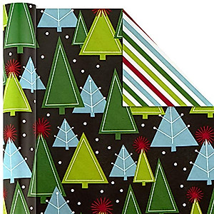Hallmark Reversible Christmas Wrapping Paper (2 Rolls, 60 sq. ft. ttl) Modern Santa, Retro Christmas Trees, Stripes