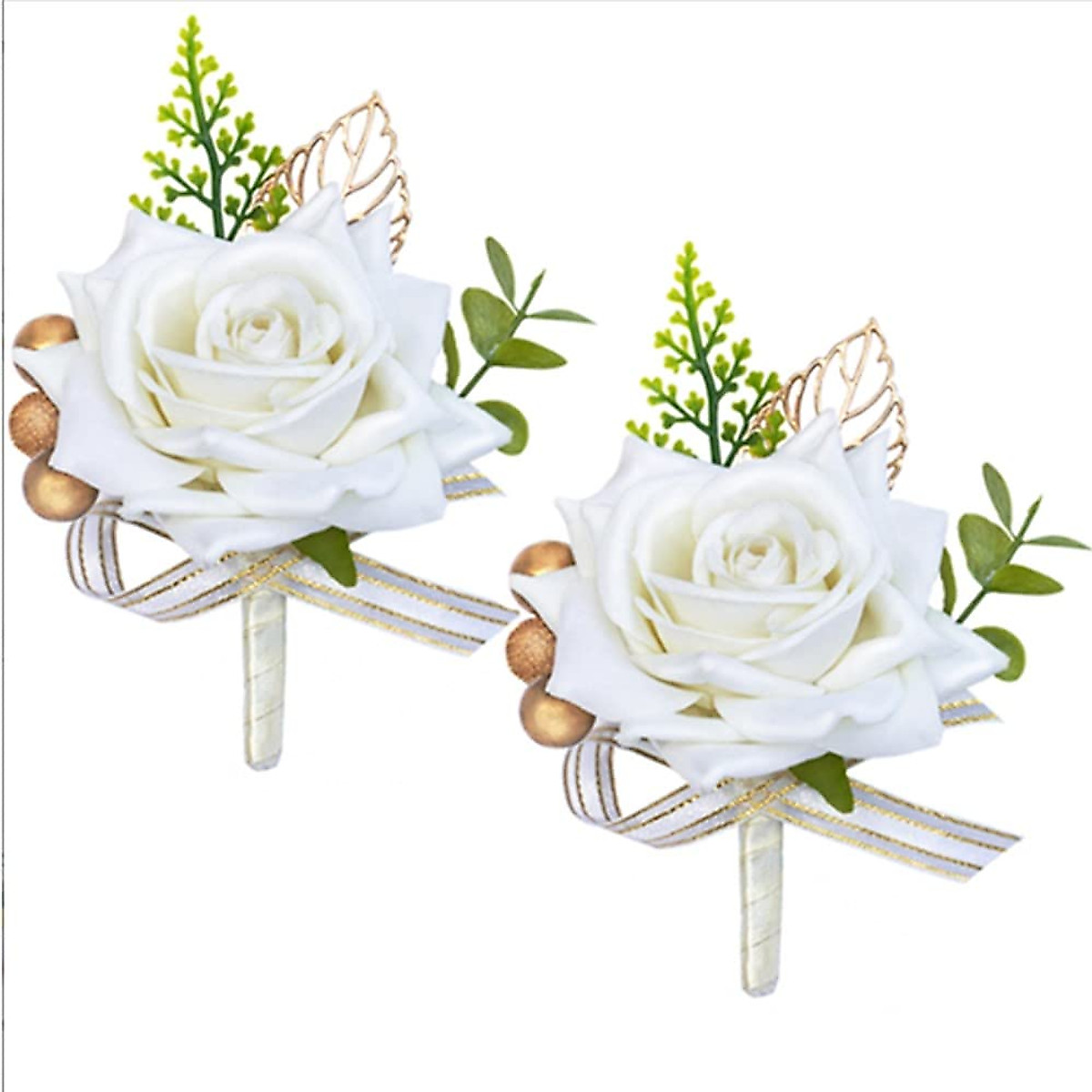 OUKEYI Rose Flower Wrist Corsage Boutonniere Set, Handmade Artificial Corsage Set, Bride Hand Flower Wristlet Band Bracelet and Men Boutonniere for Wedding Party Prom Decorations2PCS (White)
