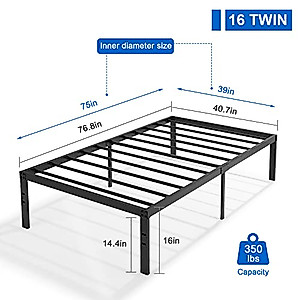 VECELO 16 Inch Twin Metal Platform Tall Bed Frame,Heavy Duty Steel Slat/Easy Assembly Mattress Foundation/No Box Spring Needed