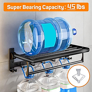 Towel Racks for Bathroom 24in, Black Towel Rack Wall Mounted, Foldable Bathroom Towel Rack with Shelf, Towel Holder with Towel Bar, Drilling/Adhesive Wall Towel Rack for Rental/Laundry,5 Sliding Hooks