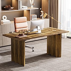Tribesigns Modern Executive Desk, 62.2" Office Computer Desk, Mid-Century Modern Desk with Legs, Simple Writing Desk Workstation Business Furniture for Home Office, Brown Oak
