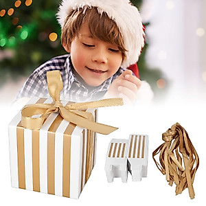 Restokki 50Pcs Mini Gift Boxes 2.2in Squared Gold Stripes Easy Assembly Gift Wrapping Box with Ribbons for Party Wedding Birthday Christmas Party