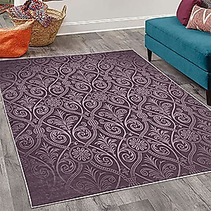 Lunarable Damask Decorative Rug, Antique Baroque Pattern Mild Gothic Victorian Style Repeated Curly Motifs, Quality Carpet for Bedroom Dorm and Living Room, 5' 1" X 7' 5", Plum Lilac