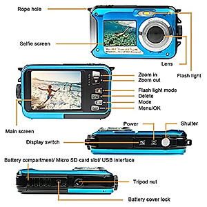 Shimshon Underwater Camera Full HD 2.7K 48MP Waterproof Camera for Snorkeling Dual Screen Waterproof Camera Digital with Self-Timer and 16X Digital Zoom (Blue)