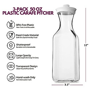 DilaBee Plastic Water Pitcher With Lid (50 Oz) Square Carafe Pitchers for Drinks, Milk, Smoothie, Iced Tea, Mimosa Bar Supplies - Juice Containers with Lids for Fridge - Food Grade BPA-Free (3-Pack)