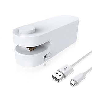 Mini Bag Sealer, 2 in 1 Bag Sealer and Cutter, USB Rechargeable Chip Bags Sealer Heat Seal with Cutter, 2 Adjustable Gear, Lanyard & Magnetic Bag Resealer for Plastic Snack Bags(White)