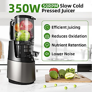 Cold Press Juicer Machines, 350W Masticating Juicer with 5.8" Inch Large Feed Chute for Whole Fruits and Vegetables, Slow Juices Extractor Easy to Clean
