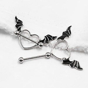 FLOGWE 14G 316L Devil Heart Nipple Rings Halloween Stainless Steel Skull Bat Nipple Barbells Body Pierced Jewelry for Women Men