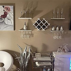 Gdrasuya10 Wall Mounted Wine Racks Shelves, Set of 5 Wine Storage Display Rack Wooden Wine Bottle Shelf Set Wine Glass Holder Wall Wine Rack (1 Wine Rack & 4 Shelves) White